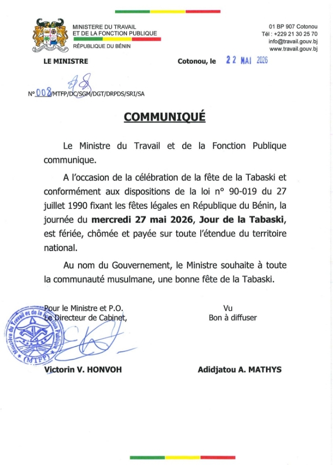 Tabaski 2026 : le mercredi 27 mai déclaré férié, chômé et payé au Bénin